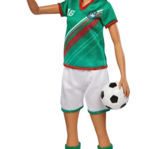 Barbie Soccer Fashion Doll with Brunette Ponytail, Colorful #16 Uniform, Cleats & Tall Socks, Soccer Ball 11.5 inches