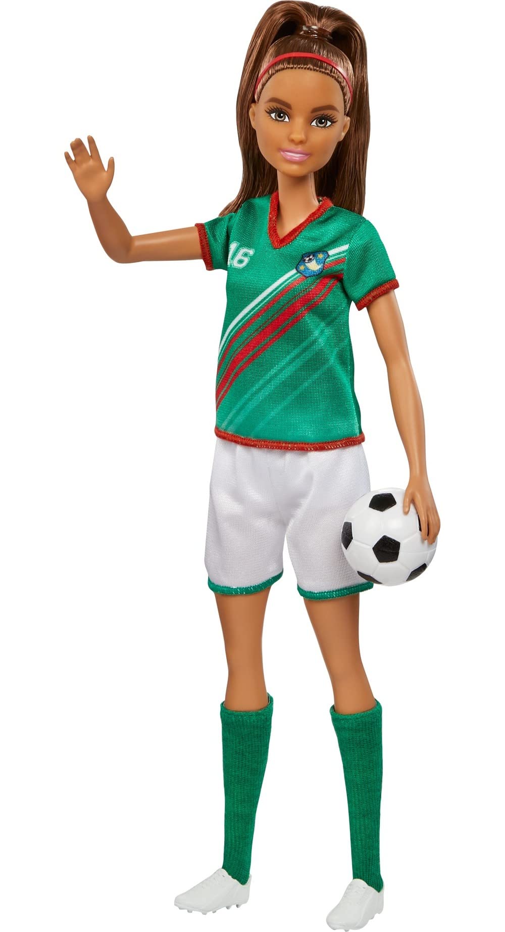 Barbie Soccer Fashion Doll with Brunette Ponytail, Colorful #16 Uniform, Cleats & Tall Socks, Soccer Ball 11.5 inches