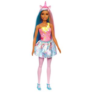 barbie dreamtopia doll with removable unicorn headband & tail, blue & purple fantasy hair & cloudy star-print skirt, unicorn toy