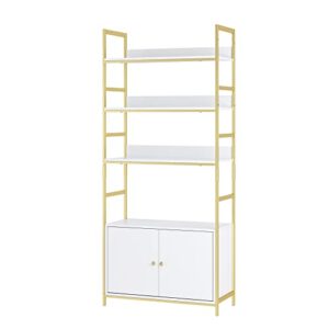 finetones Bookshelf with 2 Cabinets, 71" White and Gold Bookshelf with Doors and Metal Frame, Free Standing Bookshelf Cabinet Display Storage Rack Shelves for Bedroom Living Room Office