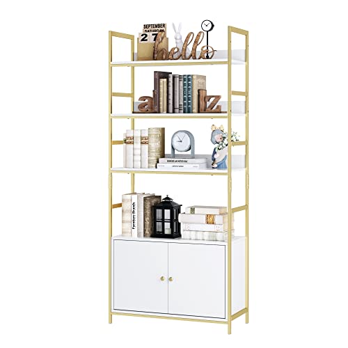 finetones Bookshelf with 2 Cabinets, 71" White and Gold Bookshelf with Doors and Metal Frame, Free Standing Bookshelf Cabinet Display Storage Rack Shelves for Bedroom Living Room Office