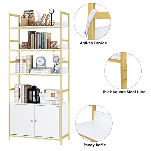 finetones Bookshelf with 2 Cabinets, 71" White and Gold Bookshelf with Doors and Metal Frame, Free Standing Bookshelf Cabinet Display Storage Rack Shelves for Bedroom Living Room Office