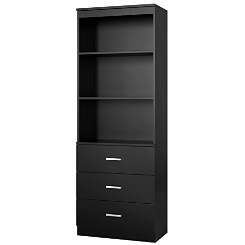 FOTOSOK 71 Inches Tall Storage Cabinet, Bookcase with 3 Drawers and 3-Tier Open Shelves, Wooden Bookshelf Storage Organizer for Living Room, Study, Kitchen, Home Office, Black