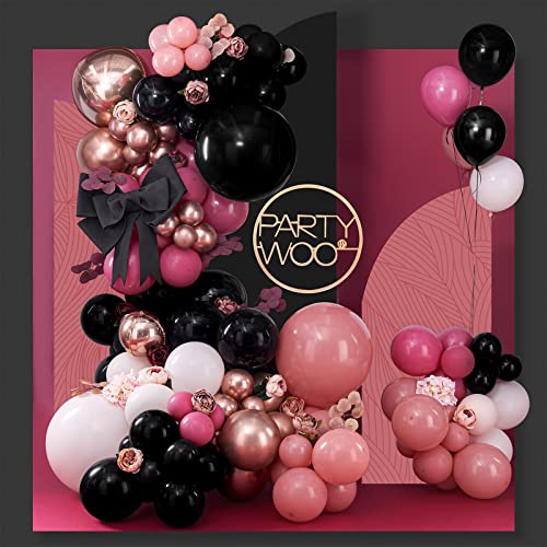 PartyWoo 140 pcs Pink Balloon Arch Kit, Black and Hot Pink Balloon Garland with Rose Gold 4D Balloons, Dusty Rose Metallic Balloons for Birthday Decorations, Wedding Decorations, Bachelorette Party