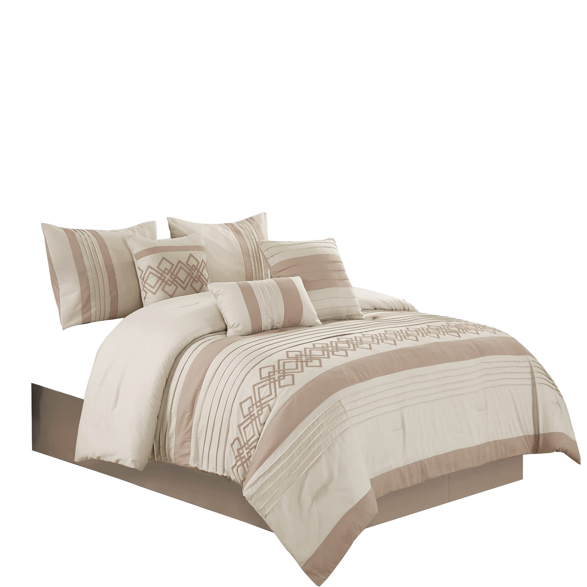 Chezmoi Collection Ariel 7-Piece Taupe Geometric Chenille Embroidery Pleated Striped Comforter Bedding Set, California King Size