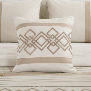 Chezmoi Collection Ariel 7-Piece Taupe Geometric Chenille Embroidery Pleated Striped Comforter Bedding Set, California King Size