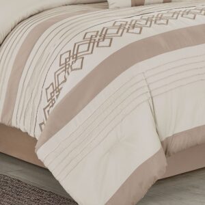 Chezmoi Collection Ariel 7-Piece Taupe Geometric Chenille Embroidery Pleated Striped Comforter Bedding Set, California King Size