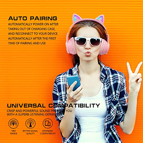 MIDOLA Gaming Bluetooth 5.0 Wireless Cat Ear Headphones Over Ear LED Light Foldable Music Headset with AUX 3.5mm (Built-in) Microphone for Adult & Kids Girl Boy Game Pad Laptop Cellphone Pink