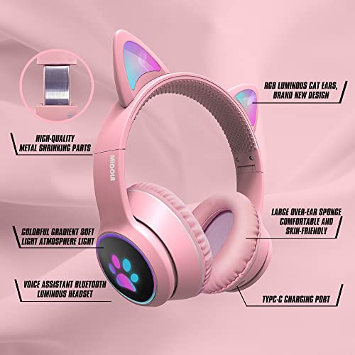 MIDOLA Gaming Bluetooth 5.0 Wireless Cat Ear Headphones Over Ear LED Light Foldable Music Headset with AUX 3.5mm (Built-in) Microphone for Adult & Kids Girl Boy Game Pad Laptop Cellphone Pink