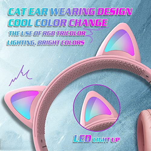 MIDOLA Gaming Bluetooth 5.0 Wireless Cat Ear Headphones Over Ear LED Light Foldable Music Headset with AUX 3.5mm (Built-in) Microphone for Adult & Kids Girl Boy Game Pad Laptop Cellphone Pink