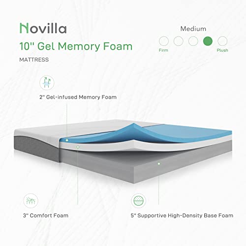 Novilla Queen Size Mattress, 10-Inch Gel Memory Foam Mattress for Cool Sleep, Pressure Relieving, Matrress-in-a-Box, CertiPUR-US Certified, Medium Plush