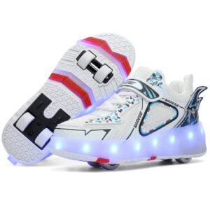 reslide light up roller shoes for girls boys double-rows 4 small wheels skate sneakers sneakers outdoor slip on kids sneakers for children kids gift(13 us=31 cn,white mesh)