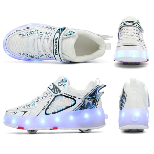 RESLIDE Light Up Roller Shoes for Girls Boys Double-Rows 4 Small Wheels Skate Sneakers Sneakers Outdoor Slip On Kids Sneakers for Children Kids Gift(13 US=31 CN,White Mesh)