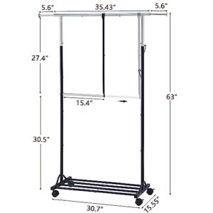 Tajsoon Clothes Rack,Heavy Duty Double Rods Clothes Hanging Rack,Commercial Clothing Storage Display,Adjustable Standard Rolling Garment Rack With Wheels,Clothing Rack,Chrome