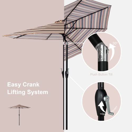 Tempera 9 ft Striped Patio Umbrellas Outdoor Table Market Umbrellas with 2-year Nonfading Canopy, 8 Sturdy Ribs and Push Button Tilt & Crank