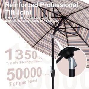 Tempera 9 ft Striped Patio Umbrellas Outdoor Table Market Umbrellas with 2-year Nonfading Canopy, 8 Sturdy Ribs and Push Button Tilt & Crank