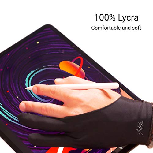 Articka Artist Glove for Drawing Tablet, iPad (Smudge Guard, Two-Finger, Reduces Friction, Elastic Lycra, Good for Right and Left Hand) (Large, Black 2-Pack)