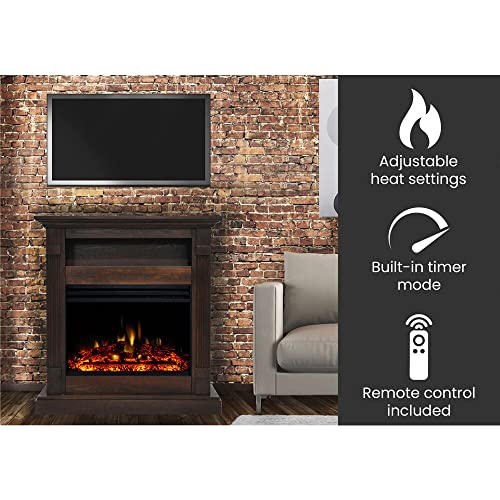 Drexel 34-in. Electric Fireplace Heater with Walnut Mantel, Deep Log Display, Multi-Color Flames, and Remote Control