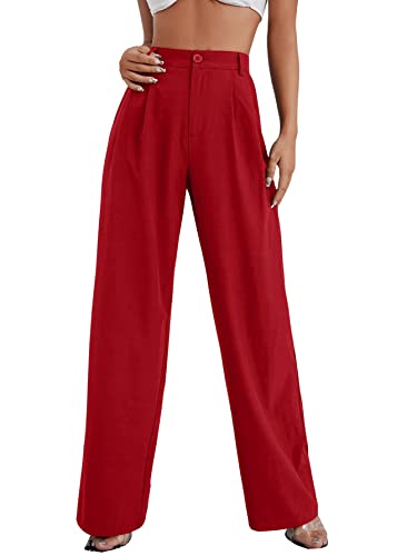 SweatyRocks Women's Casual Wide Leg High Waisted Botton Down Straight Long Trousers Pants Red L