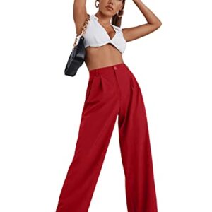 SweatyRocks Women's Casual Wide Leg High Waisted Botton Down Straight Long Trousers Pants Red L