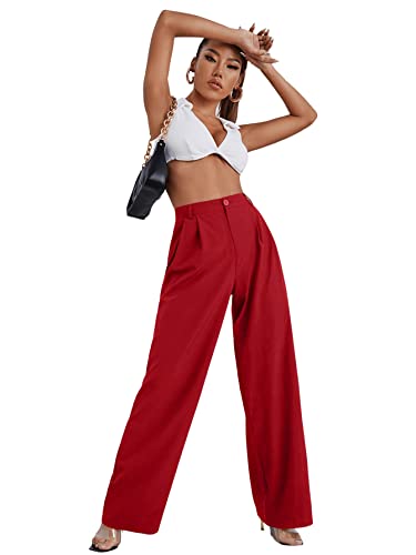 SweatyRocks Women's Casual Wide Leg High Waisted Botton Down Straight Long Trousers Pants Red L