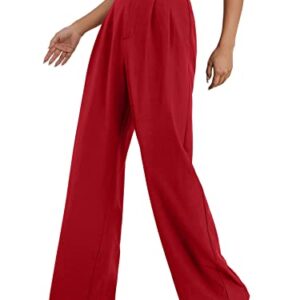 SweatyRocks Women's Casual Wide Leg High Waisted Botton Down Straight Long Trousers Pants Red L