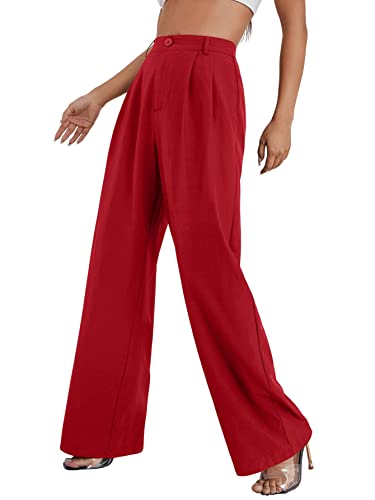 SweatyRocks Women's Casual Wide Leg High Waisted Botton Down Straight Long Trousers Pants Red L