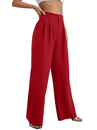 SweatyRocks Women's Casual Wide Leg High Waisted Botton Down Straight Long Trousers Pants Red L