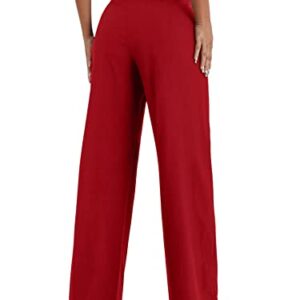 SweatyRocks Women's Casual Wide Leg High Waisted Botton Down Straight Long Trousers Pants Red L