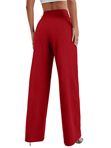 SweatyRocks Women's Casual Wide Leg High Waisted Botton Down Straight Long Trousers Pants Red L