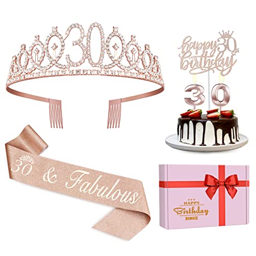 30th Birthday Decorations for Her,30th Birthday Sash,Crown/Tiara,Candles,Cake Toppers.30th Birthday Gifts for Her,30th Birthday Decorations for Women,30 Birthday Decorations