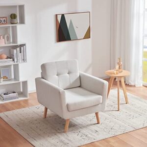 Tbfit Linen Fabric Accent Chair, Mid Century Modern Armchair for Living Room, Bedroom Button Tufted Upholstered Comfy Reading Accent Chairs Sofa(Beige)