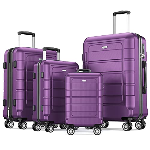 SHOWKOO Luggage Sets Expandable PC+ABS Durable Suitcase Sets Double Wheels TSA Lock 4 Piece Luggage Set Purple