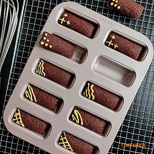 CHEFMADE Financier Cake Pan, 10-Cavity Non-Stick Rectangle Muffin Pan Biscuits Cookies Bakeware for Oven Baking (Champagne Gold)