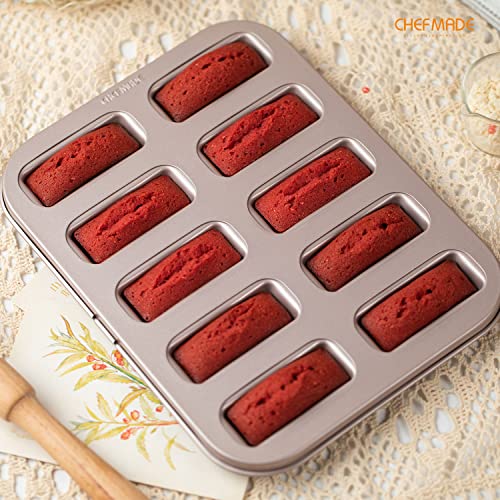 CHEFMADE Financier Cake Pan, 10-Cavity Non-Stick Rectangle Muffin Pan Biscuits Cookies Bakeware for Oven Baking (Champagne Gold)