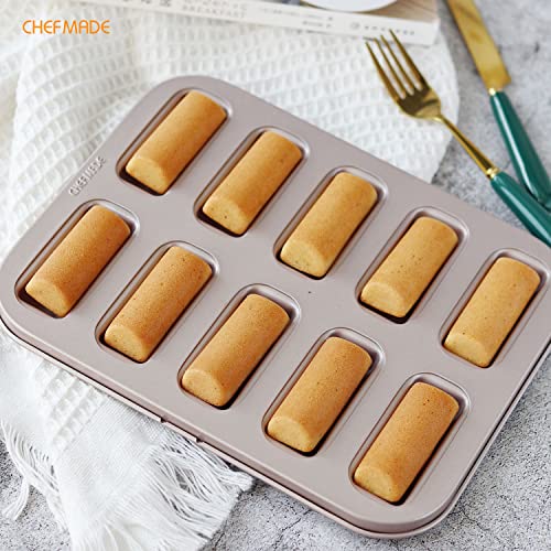 CHEFMADE Financier Cake Pan, 10-Cavity Non-Stick Rectangle Muffin Pan Biscuits Cookies Bakeware for Oven Baking (Champagne Gold)