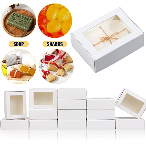 BadenBach 50 Pack Small Rectangle Kraft Paper Boxes with Clear Windows,3.33" x 2.35" x 1.18",Mini Soap Present Treat Gift Box for Bakery Candy,Chocolate Packaging Jewelry Display Wedding Party Favor (White)