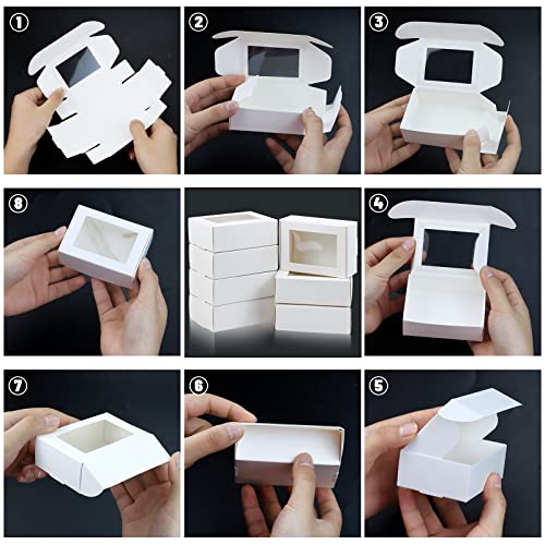 BadenBach 50 Pack Small Rectangle Kraft Paper Boxes with Clear Windows,3.33" x 2.35" x 1.18",Mini Soap Present Treat Gift Box for Bakery Candy,Chocolate Packaging Jewelry Display Wedding Party Favor (White)