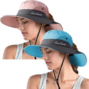 zooron 2 pack women's ponytail safari sun hat,wide brim uv protection outdoor bucket hat,foldable beach summer fishing hat