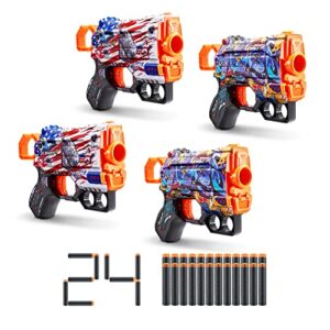 xshot skins menace - graffiti & us army (4 pack + 24 darts) by zuru, easy reload, air pocket dart technology, toy foam dart blaster for kids, teens, adults, frustration free packaging