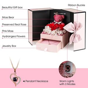 ADDWel Preserved Real Red Roses Gifts for Her, Cute Moss Bear and Meaningful Forever Roses with I Love You Necklace 100 Languages Present for Girlfriend Wife Mom from Husband Boyfriend Daughter Son