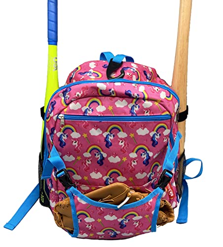 Aozora Youth Tball and Baseball Backpack Bag Lightweight Baseball Bag Hold Bats, Helmet, Glove, Caps, Valuables Pocket, Fence Hook (Unicorn Pink)