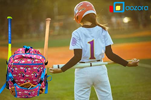 Aozora Youth Tball and Baseball Backpack Bag Lightweight Baseball Bag Hold Bats, Helmet, Glove, Caps, Valuables Pocket, Fence Hook (Unicorn Pink)