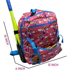 Aozora Youth Tball and Baseball Backpack Bag Lightweight Baseball Bag Hold Bats, Helmet, Glove, Caps, Valuables Pocket, Fence Hook (Unicorn Pink)