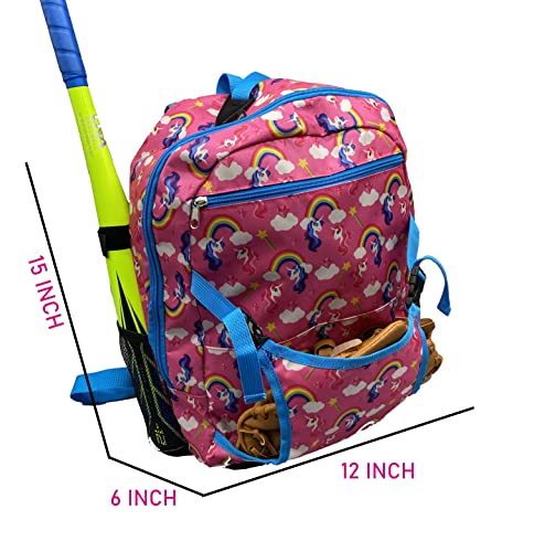 Aozora Youth Tball and Baseball Backpack Bag Lightweight Baseball Bag Hold Bats, Helmet, Glove, Caps, Valuables Pocket, Fence Hook (Unicorn Pink)