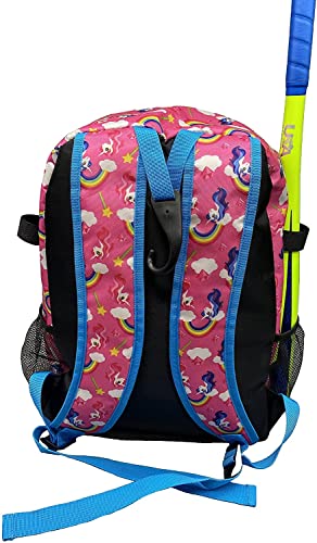 Aozora Youth Tball and Baseball Backpack Bag Lightweight Baseball Bag Hold Bats, Helmet, Glove, Caps, Valuables Pocket, Fence Hook (Unicorn Pink)