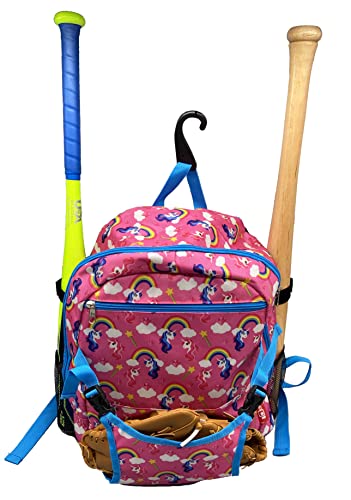 Aozora Youth Tball and Baseball Backpack Bag Lightweight Baseball Bag Hold Bats, Helmet, Glove, Caps, Valuables Pocket, Fence Hook (Unicorn Pink)