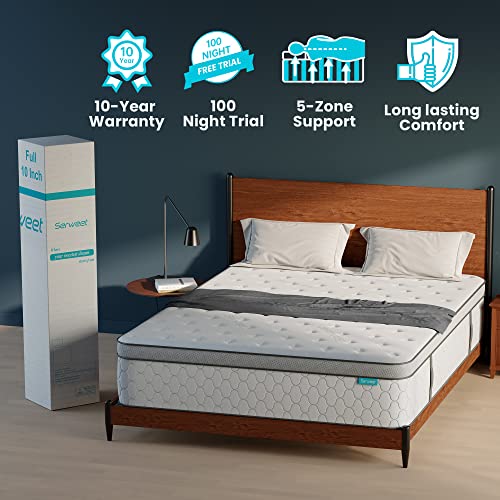 Serweet 10 Inch Memory Foam Hybrid Full Mattress - 5-Zone Pocket Innersprings Motion Isolation - Heavier Coils for Durable Support -Pressure Relieving - Medium Firm - Made in North America