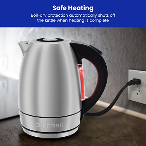 Chefman Electric Kettle, 1.7 Liter Stainless Steel Electric Tea Kettle Water Boiler with Automatic Shutoff, LED Lights, Boil-Dry Protection, Hot Water Electric Kettles for Boiling Water, Stainless