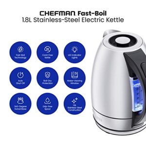 Chefman Electric Kettle, 1.7 Liter Stainless Steel Electric Tea Kettle Water Boiler with Automatic Shutoff, LED Lights, Boil-Dry Protection, Hot Water Electric Kettles for Boiling Water, Stainless